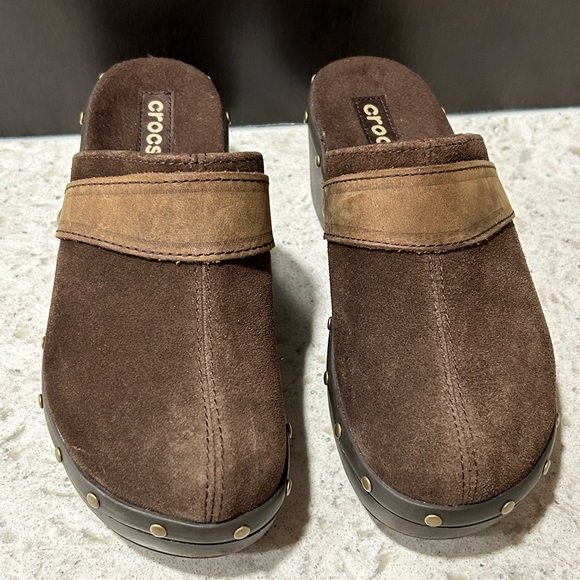 CROCS | Shoes | Crocs Brown Sude Stidded Cobbler Clogs Mule Shoes ...